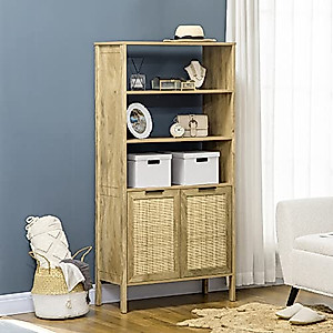 HOMCOM Boho Bookshelf, Storage Cabinet with 3 Open Shelves and Natural Rattan Decor, Bookcase for Living Room, Study, Bedroom