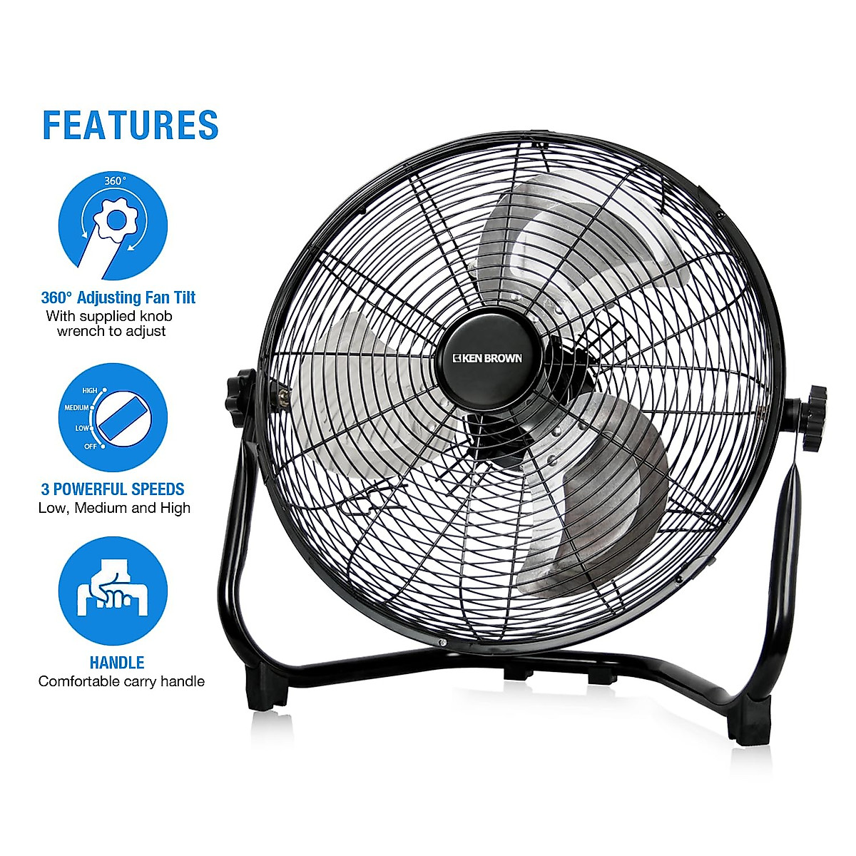 KEN BROWN 14 Inch High Velocity Floor Fan 3-Speed 360° Adjustable Tilting Powerful Airflow for Home,Residential Use, Black