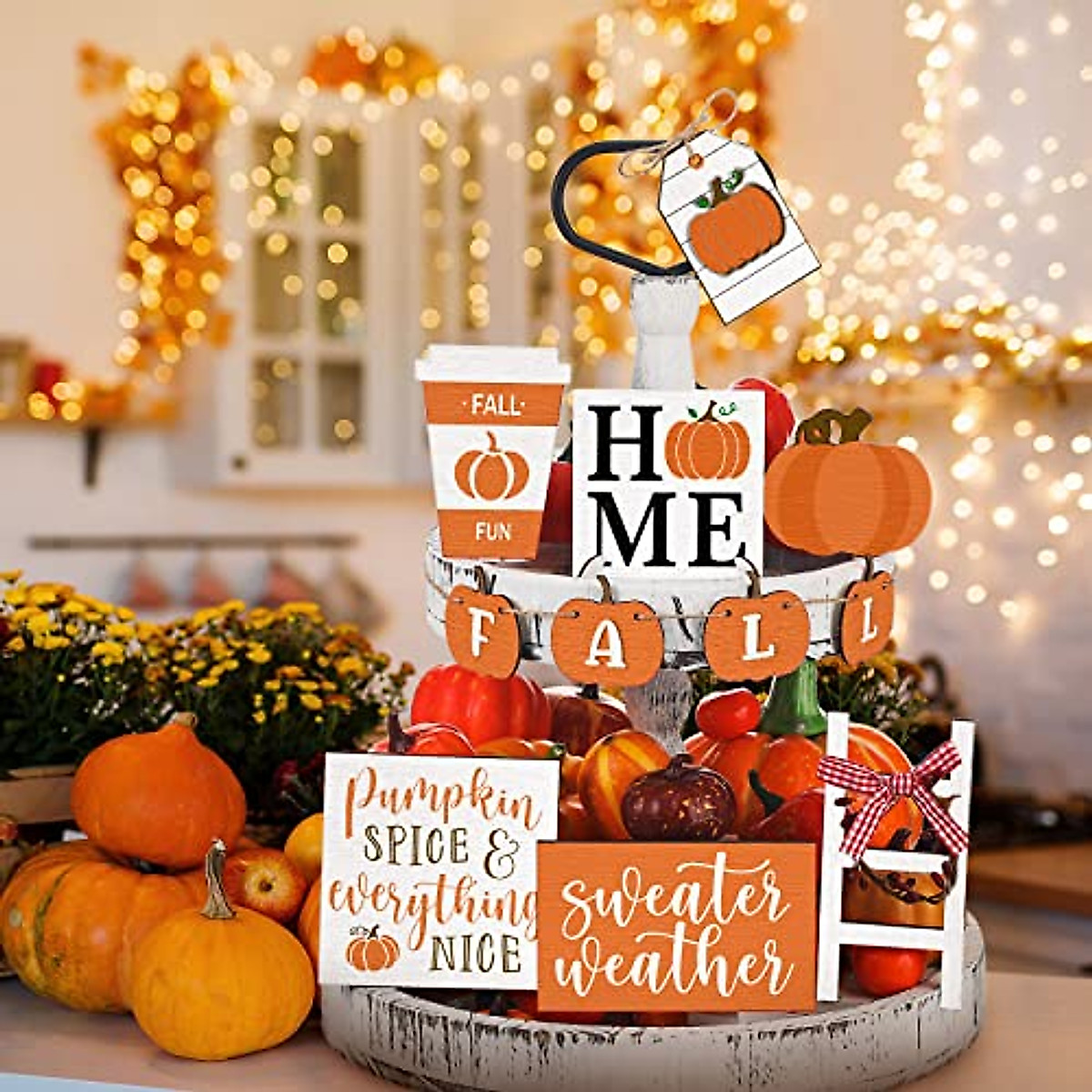 Two Tiered Tray with 11 Pcs Wooden Signs, Farmhouse Tiered Tray Decor Set Rustic Wood Home Kitchen Table Stand Decor Decorative Table Shelf Centerpiece(Autumn Style)