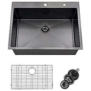 28 Inch Drop In Black Stainless Steel Kitchen Sink, Doirteal 28 x 22 x 10 Inch Matte Black Kitchen Sink 16 Gauge Stainless Steel Topmount Single Bowl Sink Single Basin with Bottom Grid