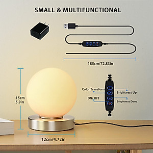 Small Table Lamp, LED Table Lamp with Eye-Caring Glass Lampshade Desk Lamp Dimmable 3 Color Changing, 10 Brightness Levels Reading Table Lamp Warm & White Nightstand Lamp with Memory Function