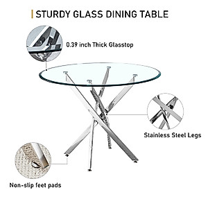 Pvillez Contemporary Dining Table, 36" Round Tempered Glass, Stainless Steel Base, Seats 4, Clear Kitchen Table for Dining