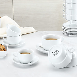 Yedio Porcelain Coffee Cups with Saucers and Metal Stand and 3 Tier Rectangular Serving Platter Bundle