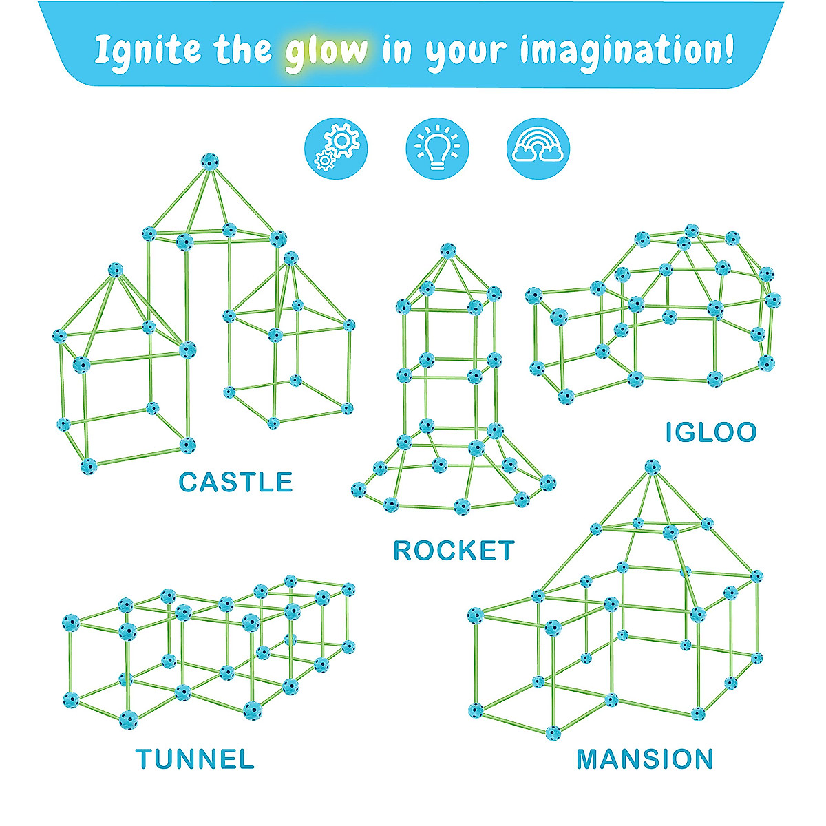 Kangabu Fort Building Kit - 120 Pieces - Glow Fort Building Set for Kids Ages 4-11 - Kids Fort Building Kit, Build a Fort Kit for Kids - Fort Builder, Fort Making Kit, Outdoor and Indoor Fort