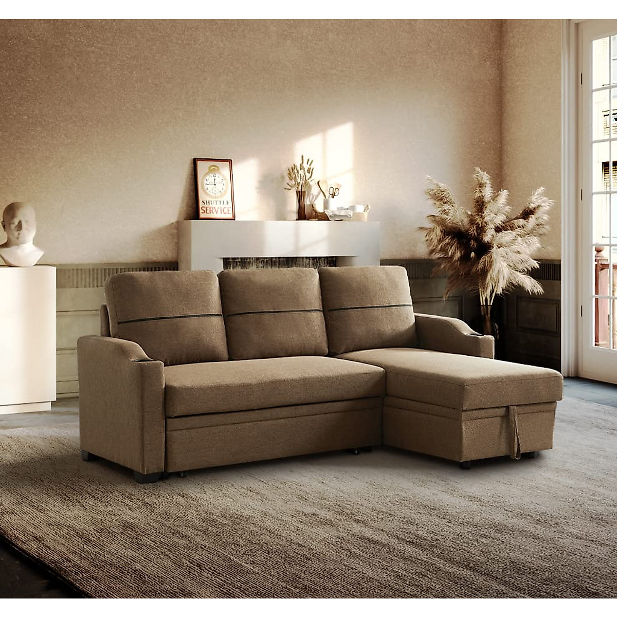 Melpomene Convertible Sectional Sofa Couch Pull Out Bed Sleeper Sofa with Storage 3 Seater L Shaped Couch Linen Upholstered Fabric Corner Sofa with 2 Cupholders for Living Room (Brown)