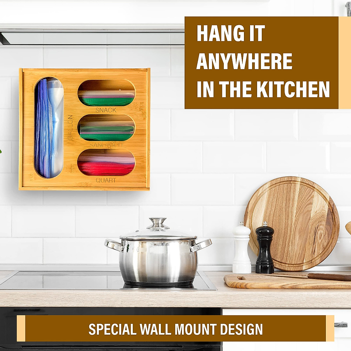 Zippy Bamboo Ziplock Bag Organizer for Drawer – 4 Labeled Compartment Bamboo Kitchen Food Storage Plastic Bag Organizer Holders, Gallon Quart Snack Sandwich and Slider Storage Bag Organizer