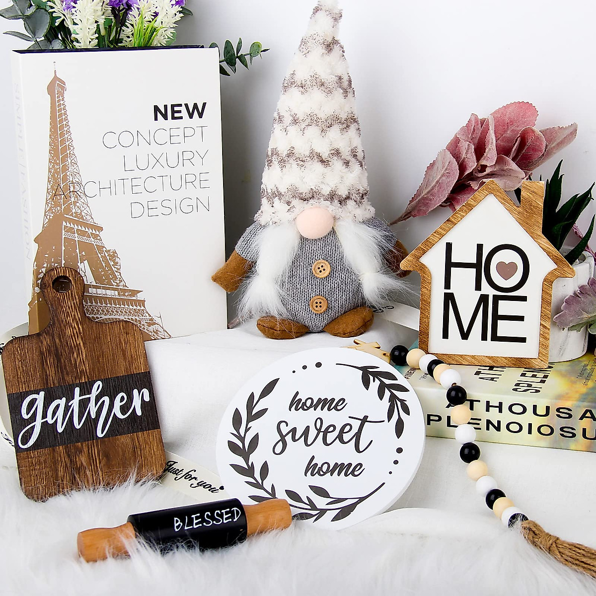 6 Pieces Farmhouse Tiered Tray Decor Items Gnomes Plush Home Sweet Home Decor Mini Signs Rolling Pin Wood Beads Garland Tiered Tray Decorations Set for Spring Summer Home Kitchen Shelf