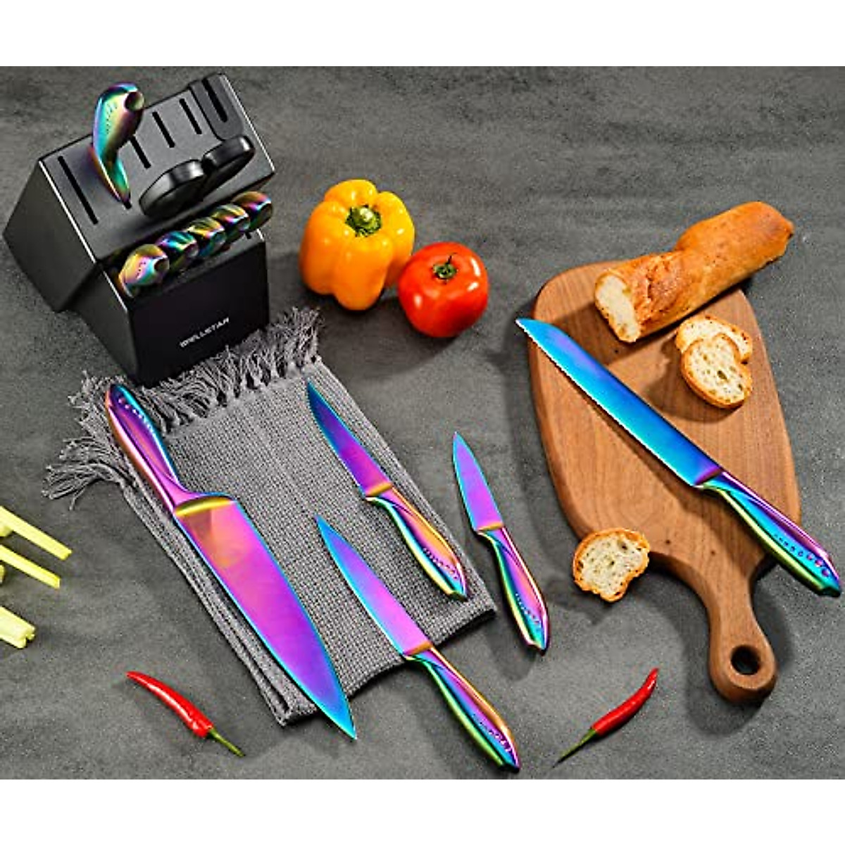 WELLSTAR Rainbow Knife Set 14 Pieces, Iridescent German Stainless Steel Kitchen Knives Set with Wooden Block, Colorful Titanium Coating, Chef’s Knife Block Set with Scissors and Built-in Sharpener