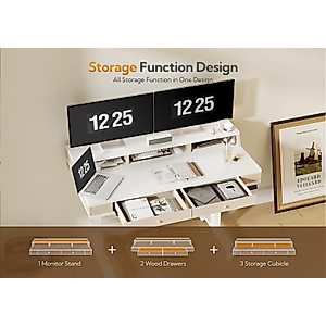 Claiks Standing Desk with Drawers, Electric Adjustable Standing Desk Adjustable Height, Sit Stand Up Desk with Storage Shelves & Wheels, 48 Inch White