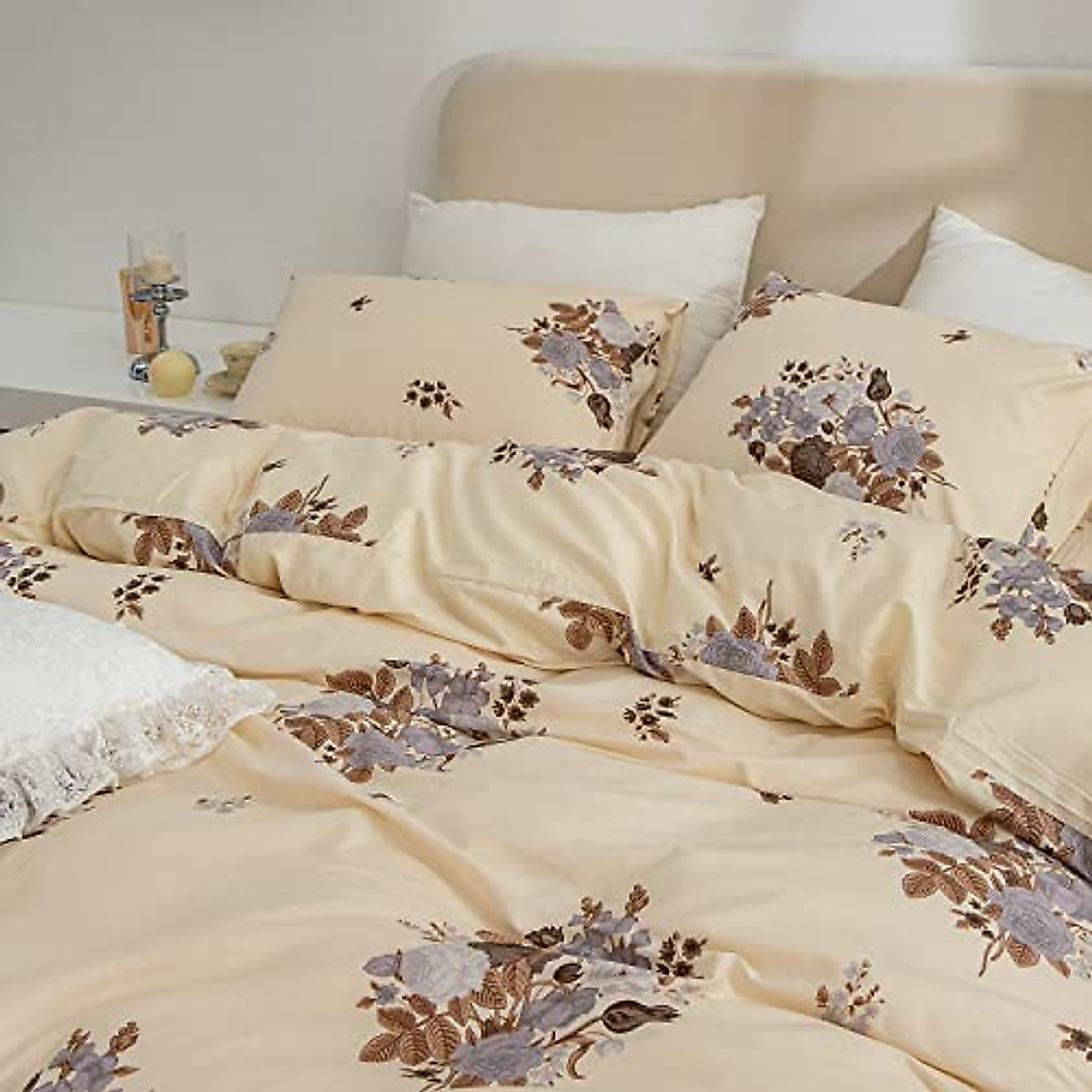 ERZRGA Queen Duvet Cover Flower, 100% Cotton Chic Flower Bedding Sets Queen 3 Pieces Garden Vintage Style Floral Queen Duvet Cover, 1 Duvet Cover and 2 Pillowcases with Zipper Closure (Flower, Queen)