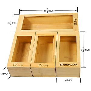 Linemoon Storage Bag Organizer Kitchen Drawer Compatible with Ziploc, 4 Piece Bamboo Sandwich Bag Organizer