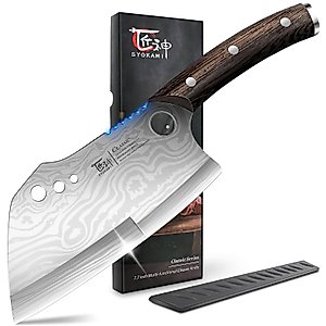 Multifunction Chinese Chef Knife, 7.7 Inch Meat Cleaver With Herb Stripper And Sheath, Butcher Knife Heavy Duty Bone Chopper, Slicing Vegetables, Damascus Pattern Full Tang Wood Handle Design
