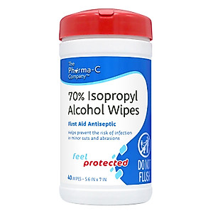 Pharma-C 70% Isopropyl Alcohol Wipes [6 pack - 40ct Canisters] - Bulk IPA First Aid Antiseptic Wound Cleaner with Moisture Lock Lid. For minor cuts, scrapes, and burns.