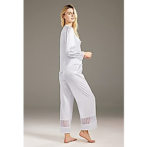 AW BRIDAL 2Pcs Comfy Womens Loungewear Set Pj Set V-Ncek Silk Pajamas For Women, Long Satin Pajamas Women, White, L| Bridal Party Pajamas Bride Gifts Bridesmaid Gifts For Wedding Day