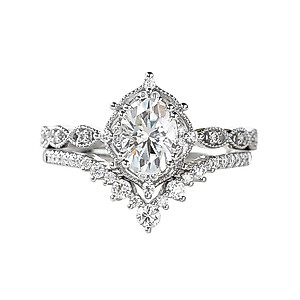 YDD 14k White Gold 1.5ct Oval Moissanite Engagement Rings for Women Bridal Set 2pcs Oval Vine Vintage Inspired V Shaped Wedding Band Anniversary Free Engraved