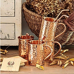 Gift Set Pure Copper Hammered Mugs with Copper Straws & Wooden Coasters Set of 4 - PREMIUM QUALITY -16 Oz Copper Mug - 100% Handcrafted - A Gift Pack for your loved Ones.