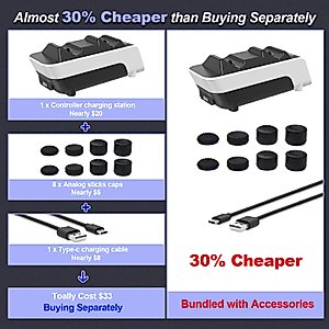 BEJOY PS5 Charging Station, Dual Type-C Controller Charger with Analog Stick (8PCS), Fast Charging Dock with LED Indicator for Sony Playstation 5 DualSense, White