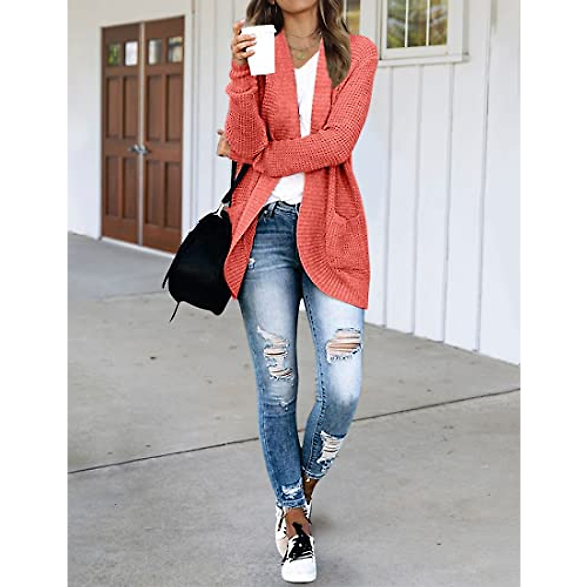 ZESICA Women's 2023 Fall Winter Long Sleeve Open Front Casual Lightweight Soft Knit Cardigan Sweater Outerwear,Watermelon,Medium