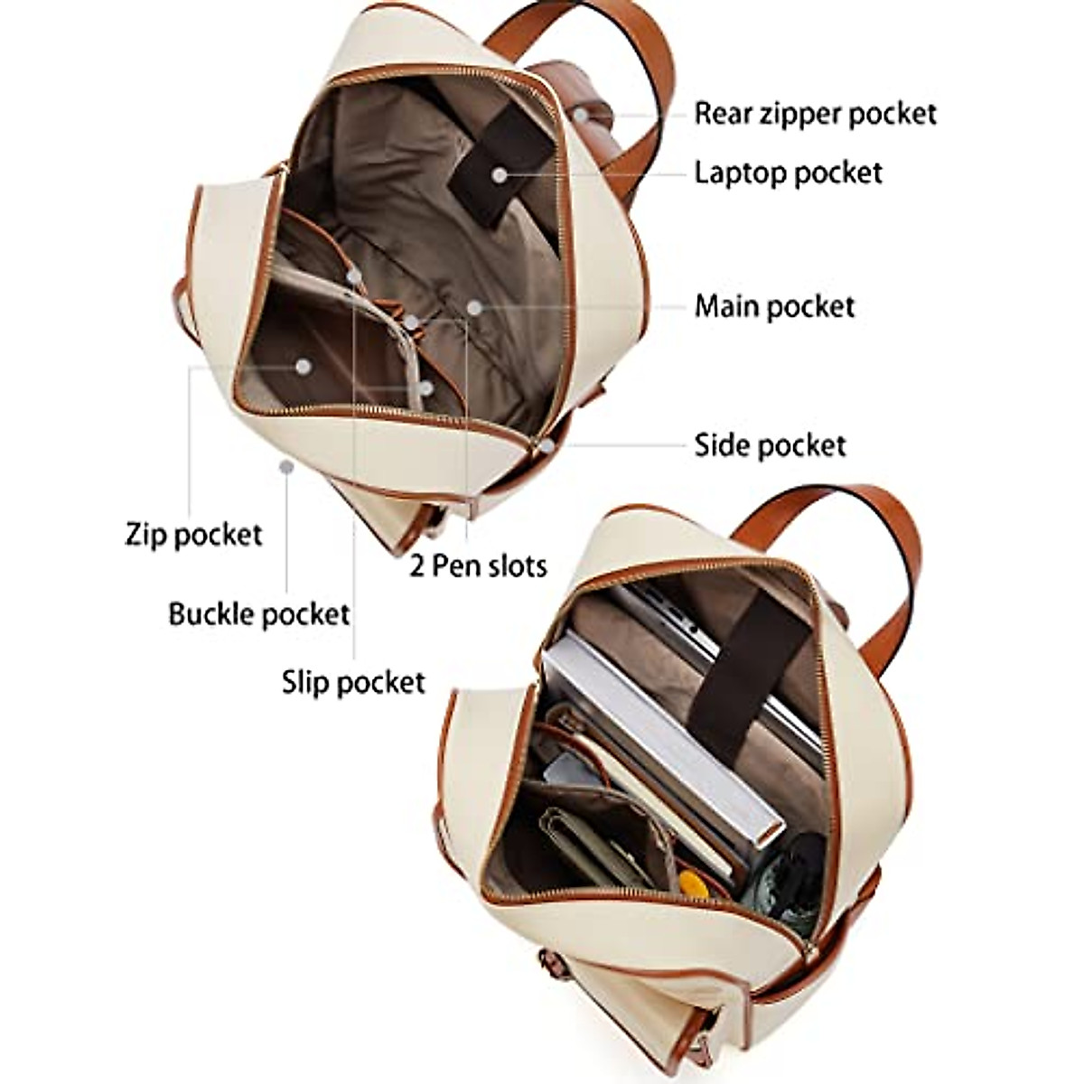 BOSTANTEN Leather Laptop Backpack for Women 15.6 inch Computer Bag Stylish College Daypack Travel Bag Off-white with Brown