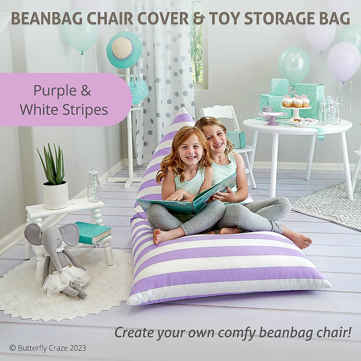 Butterfly Craze Bean Bag Chair Cover, Functional Toddler Toy Organizer, Fill with Stuffed Animals to Create a Jumbo, Comfy Floor Lounger for Boys or Girls, Stuffing Not Included, Purple Stripes