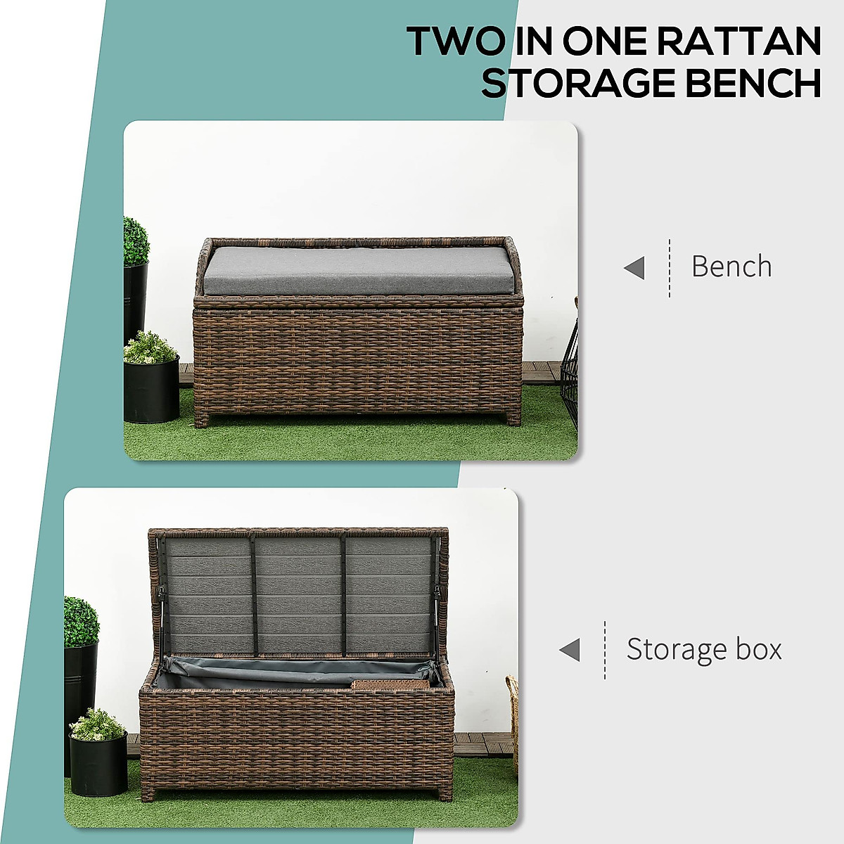 Outsunny Outdoor Wicker Storage Bench Deck Box, PE Rattan Patio Furniture Pool Container Storage Bin with Interior Waterproof Bag and Comfortable Cushion, Gray
