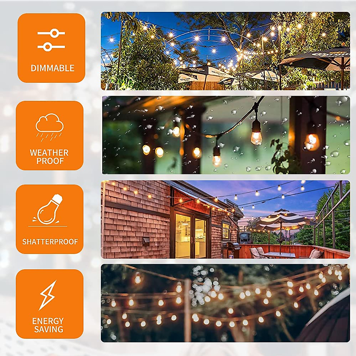 Joursdela 96ft 2-Pack LED Outdoor String Lights LED Single Filament Edison Bulbs Commercial Grade Heavy Duty Light with Shatterproof LED for Patio Backyard