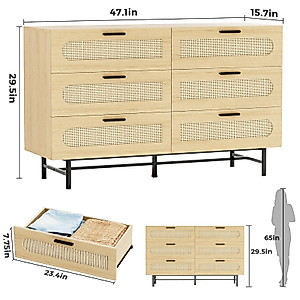 Vrullu 6 Drawer Double Dresser for Bedroom, Natural Rattan Chest with Drawers, Modern Wood Boho Dresser with Handles, Storage Closet for Closet, Living Room and Entryway (Round Pattern Drawer)