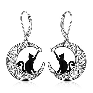 Black Cat Earrings for Women Sterling Silver Leverback Cute Animal Crescent Moon Celtic Knot Dangle Drop Earrings Hypoallergenic Cats Lover Halloween Gifts