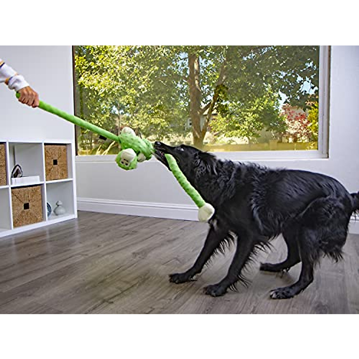 goDog Crazy Tugs Monkeys with Chew Guard Tough Plush Dog Toy, Green, Large