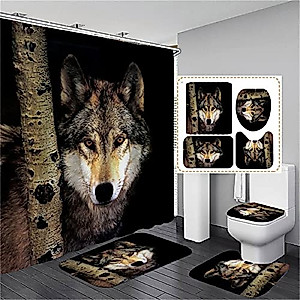 Wolf Shower Curtain 3D Printed, Animal 4Pcs Bathroom Decor Set, with Non-Slip Rug, Toilet Lid Cover and Bath Mat, Durable Waterproof Bath Curtain with 12 Hooks-72" X 78"