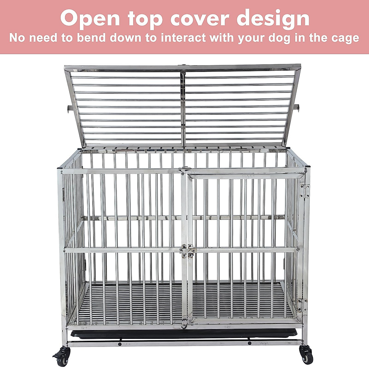 38" Heavy Duty Indestructible Dog Crate Steel Escape Proof Dog Cage Kennel for Small Medium Large Dogs Indoor Double Door High Anxiety Dog Crate with Wheels, Lock& Removable Tray, Silver (38 Inch)