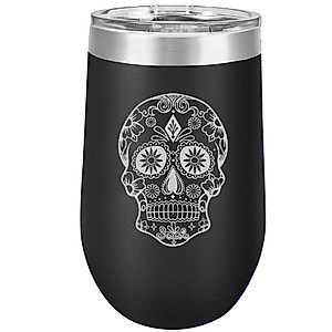 MIP Brand 16 oz Double Wall Vacuum Insulated Stainless Steel Stemless Wine Tumbler Glass Coffee Travel Mug With Lid Sugar Candy Skull (Black)