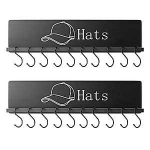 FANGSUN Hat Rack for Wall, Wooden Baseball Cap Organizer with 20 Hooks, Metal Rustic Hat Pattern Display Rack, Ball Cap Hanger Wall Mounted Hat Storage Holder for Closet Bedroom Entry, Set of 2, Black