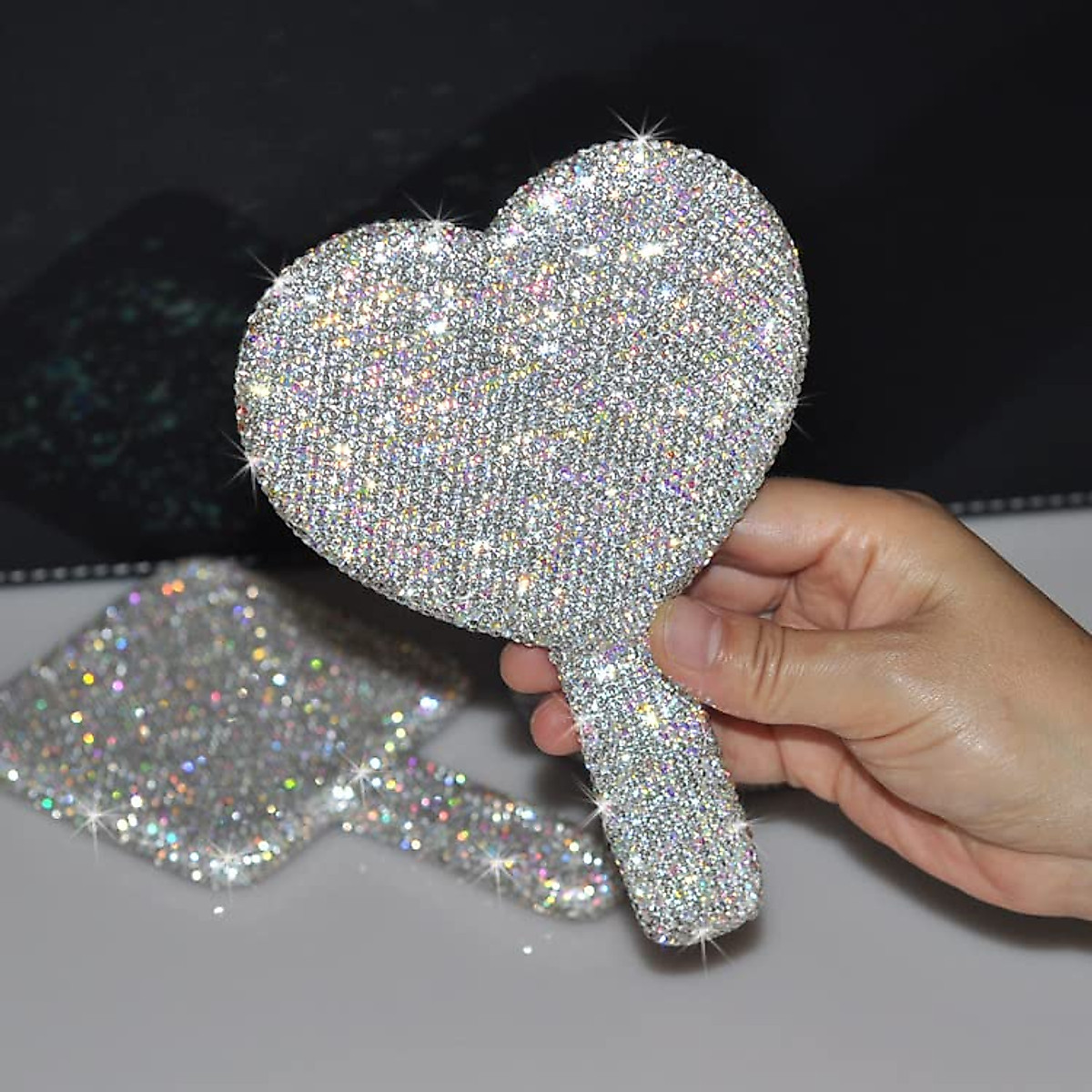 Wowagoga Sparkling Rhinestone Heart Shaped Handheld Mirror Heart Mirror Cosmetic Hand Mirror with Handle Cute Hand Mirror for Women Girls(White)