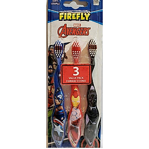 Firefly Avengers Toothbrush Pack (3) Toothpaste Kit Features Avenger Characters Iron Man Captain America Black Panther Travel Dental Set for Kids.