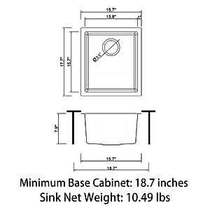 Sinber 16" x 18" x 8" Undermount Single Bowl Kitchen Sink with 18 Gauge 304 Stainless Steel Satin Finish HU1517S-S (Sink Only)