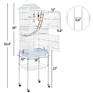 Yaheetech 62.4-inch Roof Top Flight Bird Cage for Parakeets Cockatiels Conures Finches Lovebirds Canaries Budgies Small Parrots, Large Birdcage with Detachable Rolling Stand, White