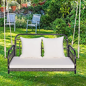 Tangkula Outdoor Wicker Porch Swing, 2-Person Hanging Seat with Seat & Back Cushions, Heavy-Duty Metal Frame & 2 Sturdy Hanging Ropes, Wicker Woven Swing Loveseat for Front Porch