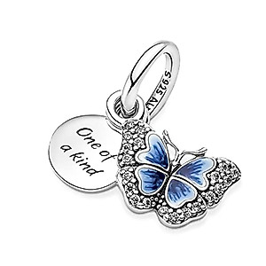 Pandora Blue Butterfly & Quote Double Dangle Charm Bracelet Charm Moments Bracelets - Stunning Women's Jewelry - Made with Sterling Silver, Cubic Zirconia & Enamel, No Gift Box