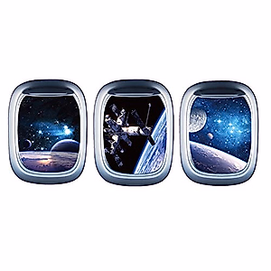3D Space Capsule Window Wall Stickers Universe Outer Space Wall Decals，Peel and Stick Removable Astronaut Decal for Bedroom Living Room Kids Room Door Home Decor(Each pcs: 23" x 17")