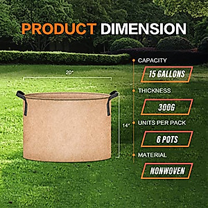 iPower Plant Grow Bag 15 Gallon 6-Pack Heavy Duty Fabric Pots, 300g Thick Nonwoven Fabric Containers Aeration with Nylon Handles, for Planting Vegetables, Fruits, Flowers, Tan 2024 Version