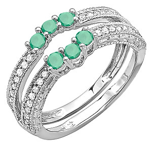 Dazzlingrock Collection Round Emerald & White Diamond Contour Double Guard Enhancer Wedding Ring for Her in 14K White Gold, Size 6.5