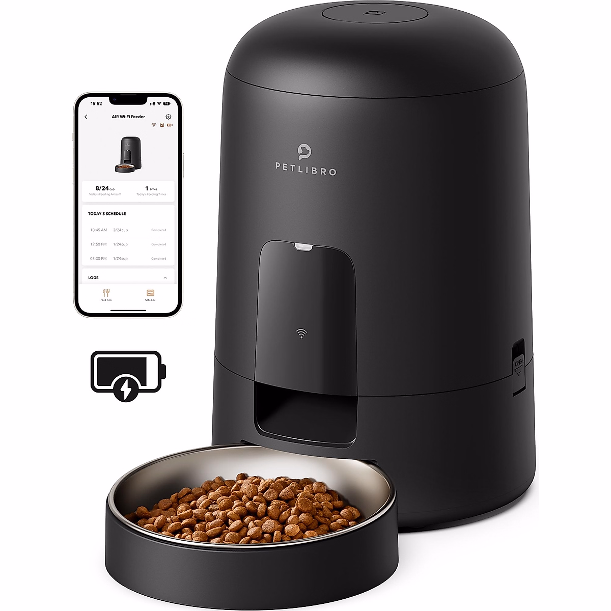 PETLIBRO Automatic Cat Feeder, Wi-Fi Rechargeable Cat Food Dispenser Battery-Operated with 30-Day Life, AIR 2.4G Wi-Fi Timed Pet Feeder for Cat & Dog, 2L Auto Cat Feeder, Black