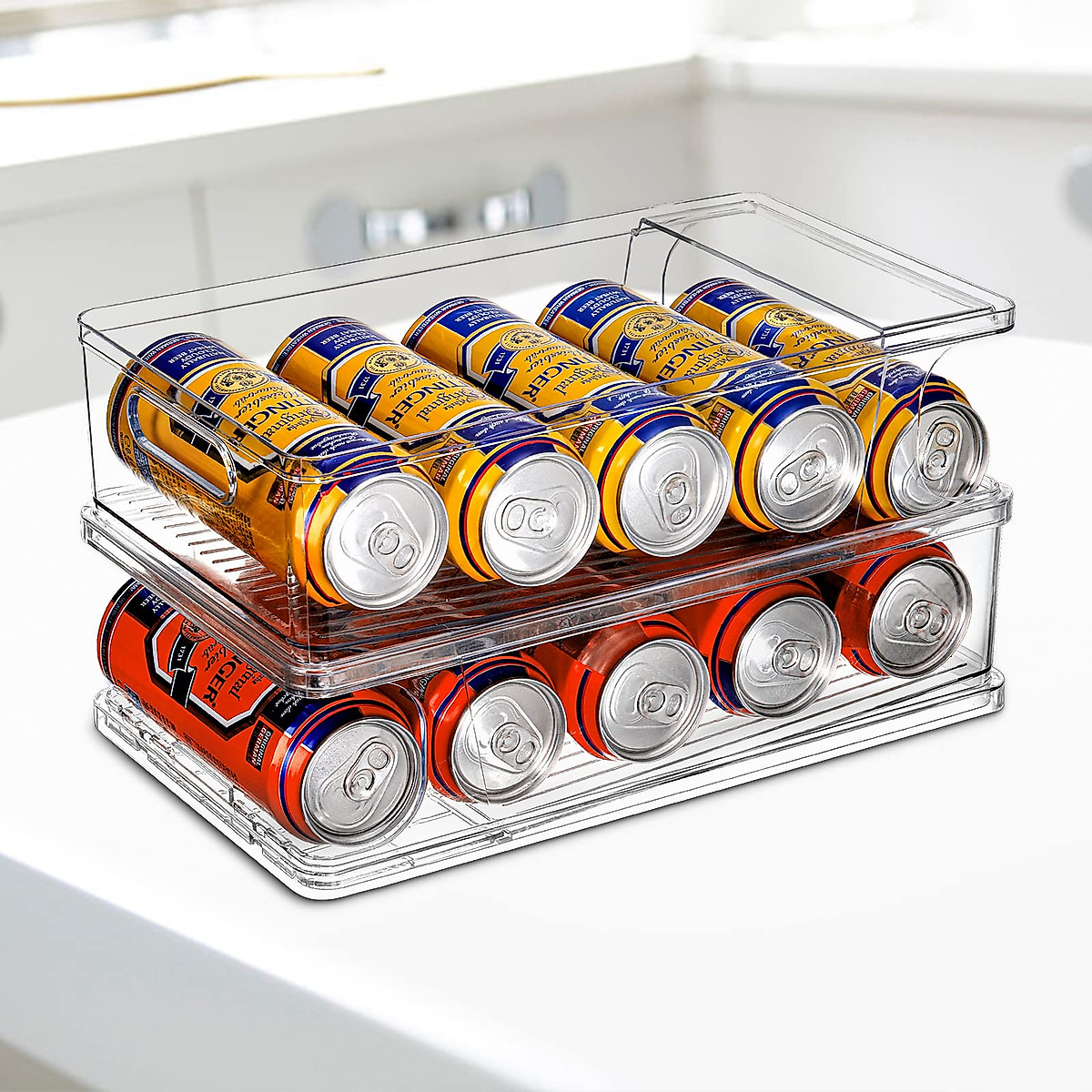 Jucoan 2 Pack Skinny Can Organizer for Refrigerator, Stackable 2-Layer Automatic Rolling Skinny Tall Cans Dispenser Soda Can Holder Storage Bin for Fridge, Kitchen Pantry, Countertops, Cabinets