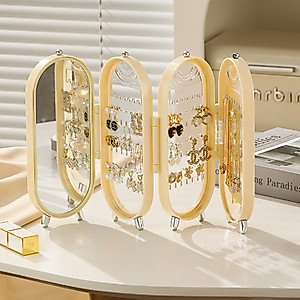 Slote Foldable Jewelry Box Organizer，With Mirror Earring Holder Stand, Small Jewelry Organizer Box Suitable for Storing Drop Earrings, Bracelet, Necklaces, Rings. Gifts for Woman and Girls(Off-White)
