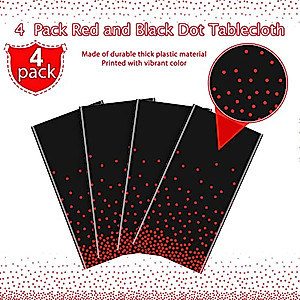 4 Pack Red and Black Dot Plastic Tablecloth, Red Stamping Dot Confetti Rectangle Plastic Disposable Table Cover for Birthday Wedding Baby Shower Engagement Anniversary Party Decorations, 54 x 108 Inch