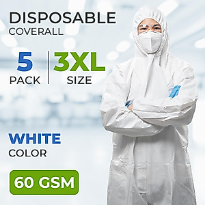 AMZ Disposable Coveralls with Hood, 3X-Large. Pack of 5 White Microporous Lab Coveralls Disposable. 60 GSM Painters Suit Disposable with Storm Flap Zipper Cover. Painters Suit Disposable. Hazmat Suit