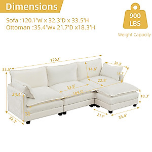 Modern Cloud Couch,Deep Seats L-Shaped Chenille Sofa Sleeper with Ottoman,3-Seat Modular Sectional Couch,Comfy Home Couch for Living Room, Apartments,Studio Lounge Sofas Furniture (White, 113"3 Seat)