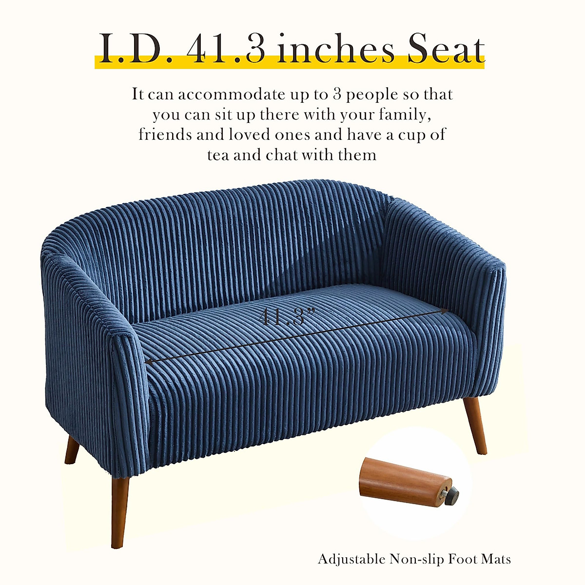 Aoiy & Wifon 50.8" W 2-Seat Small Loveseat Sofa, Comfy Upholstered Loveseat Couch for Small Spaces with Wooden Legs, Corduroy, Navy