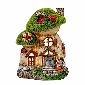 TERESA'S COLLECTIONS Mushroom Garden Statues with Solar Light, Cute Flocked Fairy House Accessories Resin Cottage Figurines Lawn Ornaments Outdoor Gifts for Flower Garden Patio Yard Decor, 7.7“